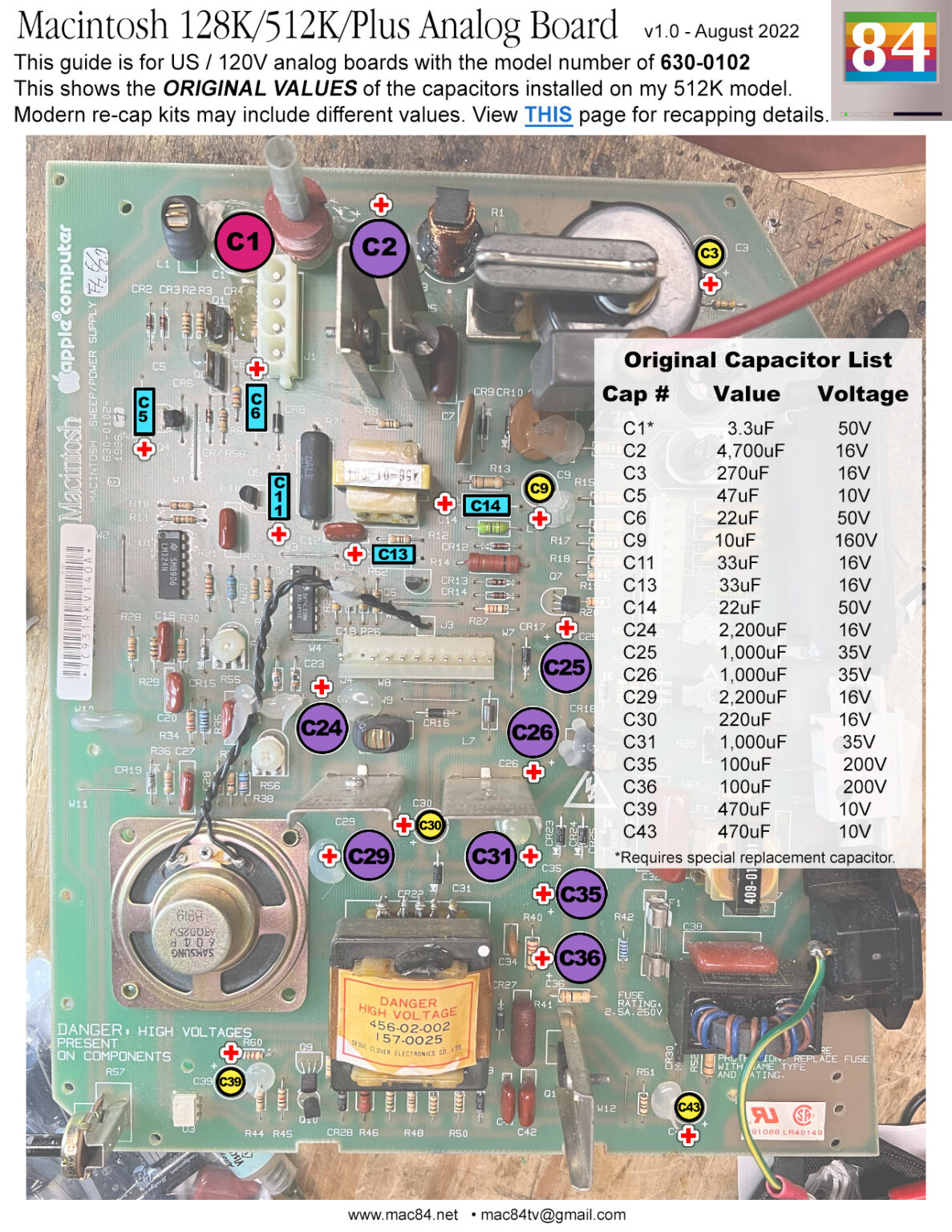 Macintosh 128K / 512K / Plus Analog Board Recapping Guide (model 630-0102) US / 120V – Mac84